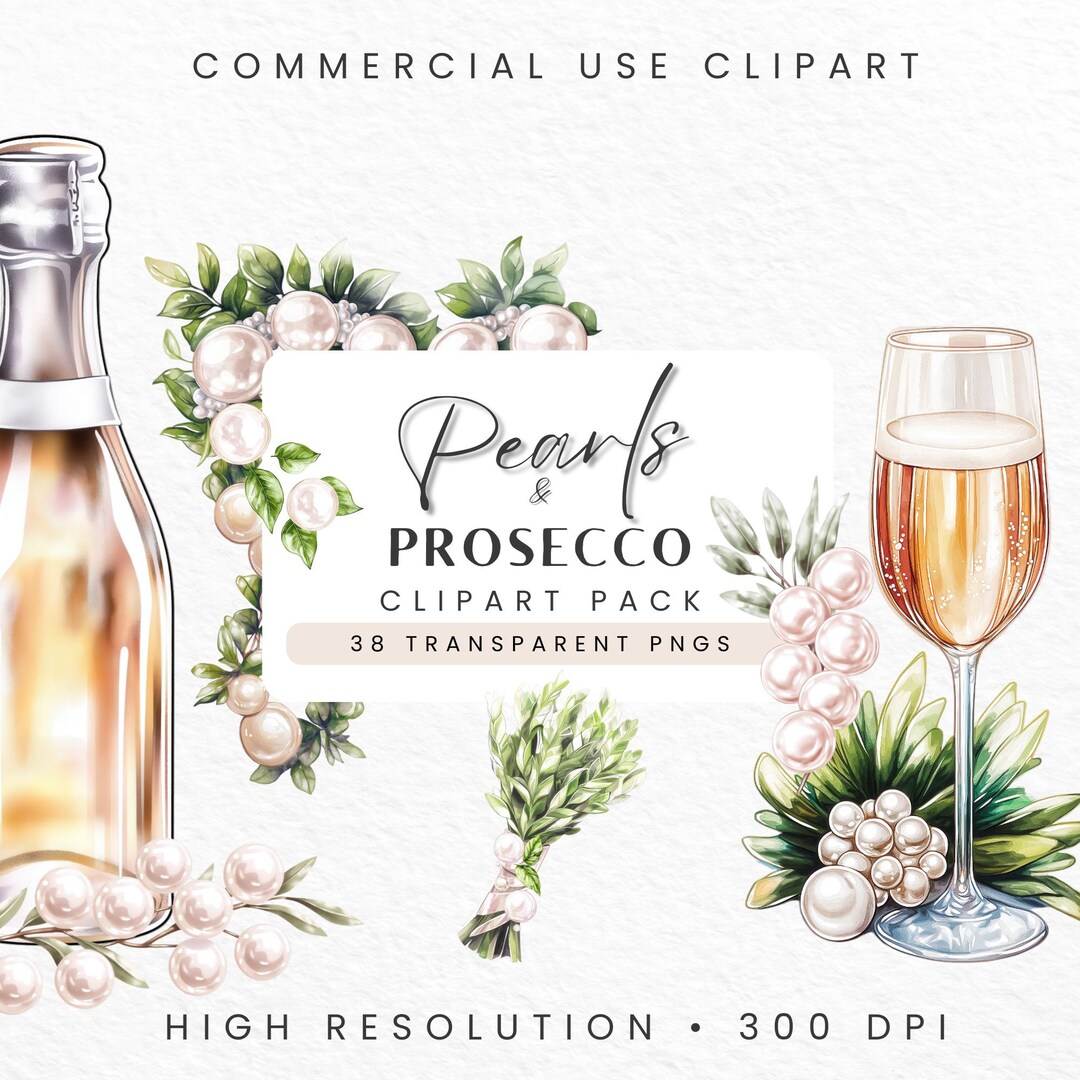 Pearls & Prosecco Clipart Bundle: Watercolor Champagne Graphics ...