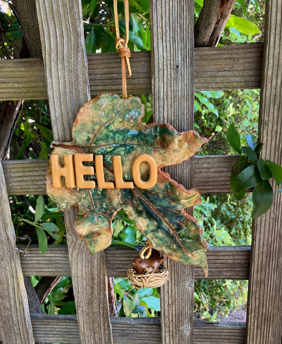 Clay hello Leaf Welcome Sign With Hanging Clay Bird in Nest Made With a ...