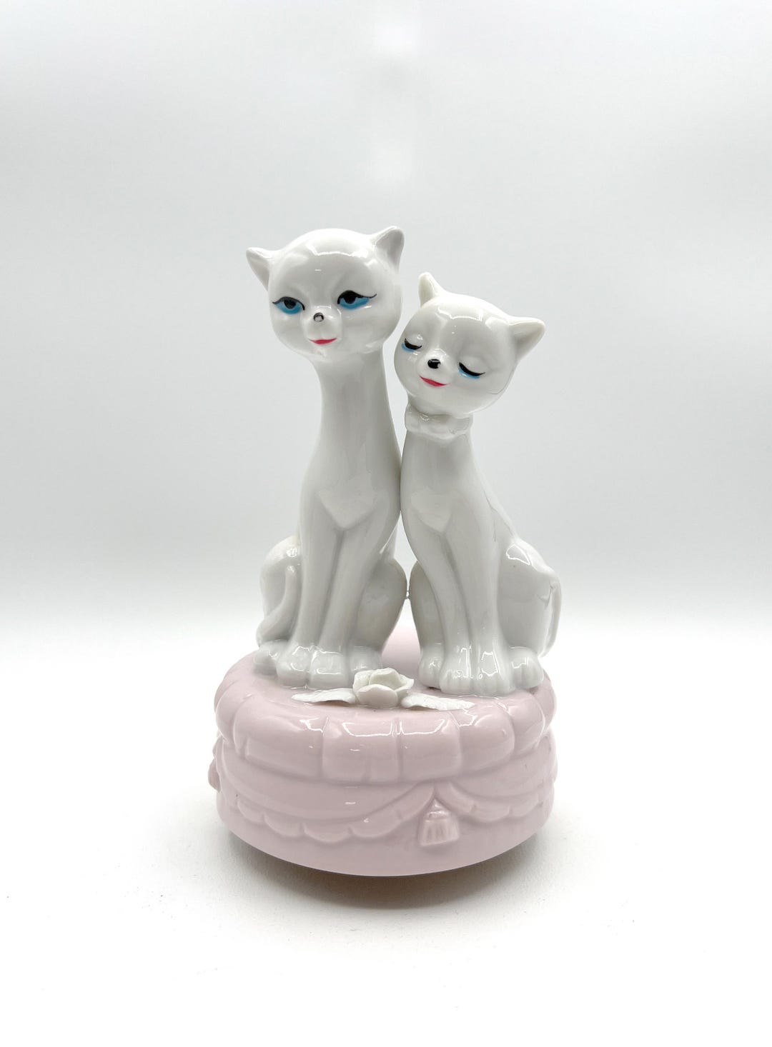 1980s Japan Ceramic Music Box – White Cat Couple on Pink Base ...