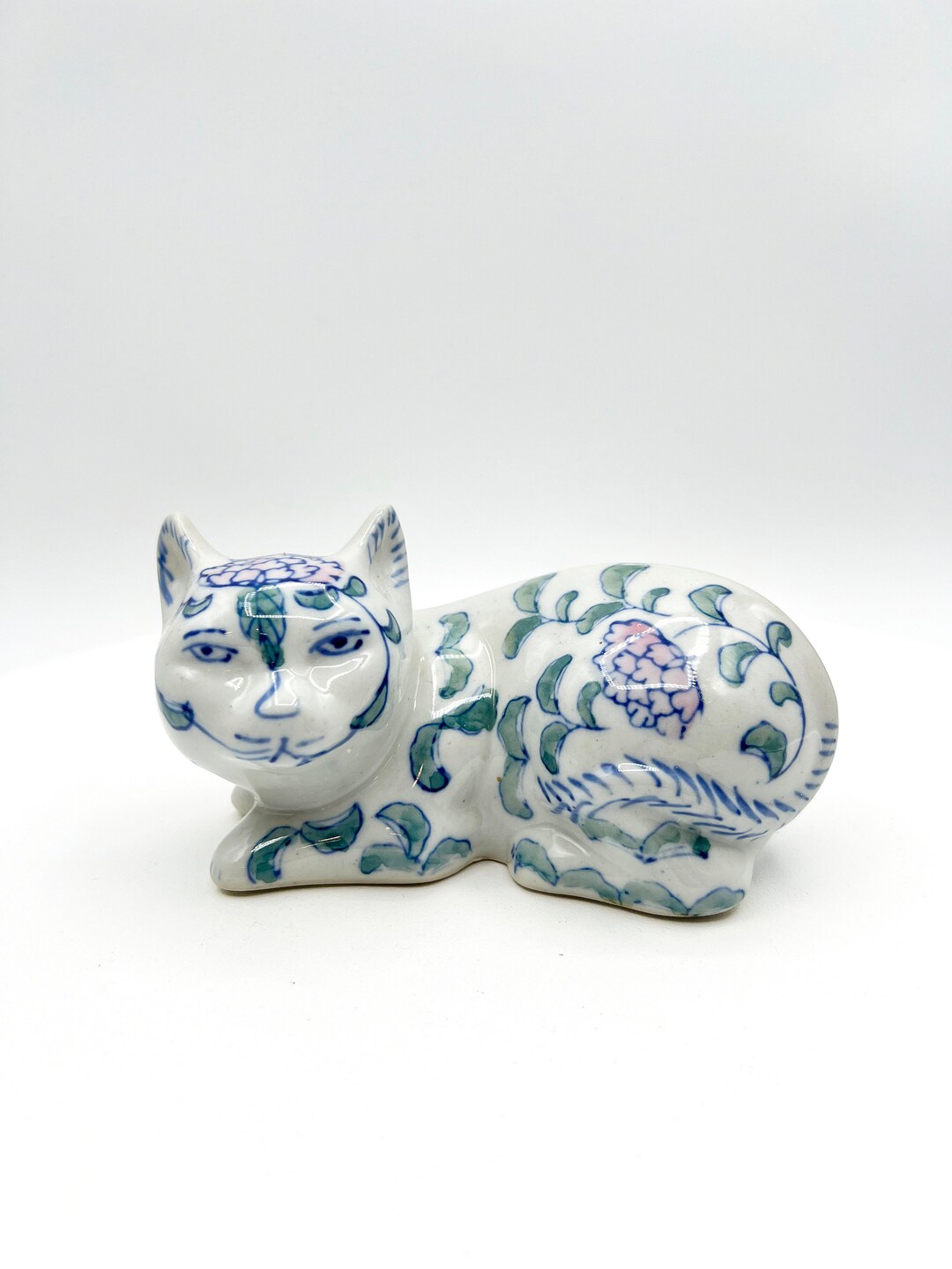 RARE 1970s Vintage 5.5 Width Chinese Blue and Pink Floral Ceramic Cat ...
