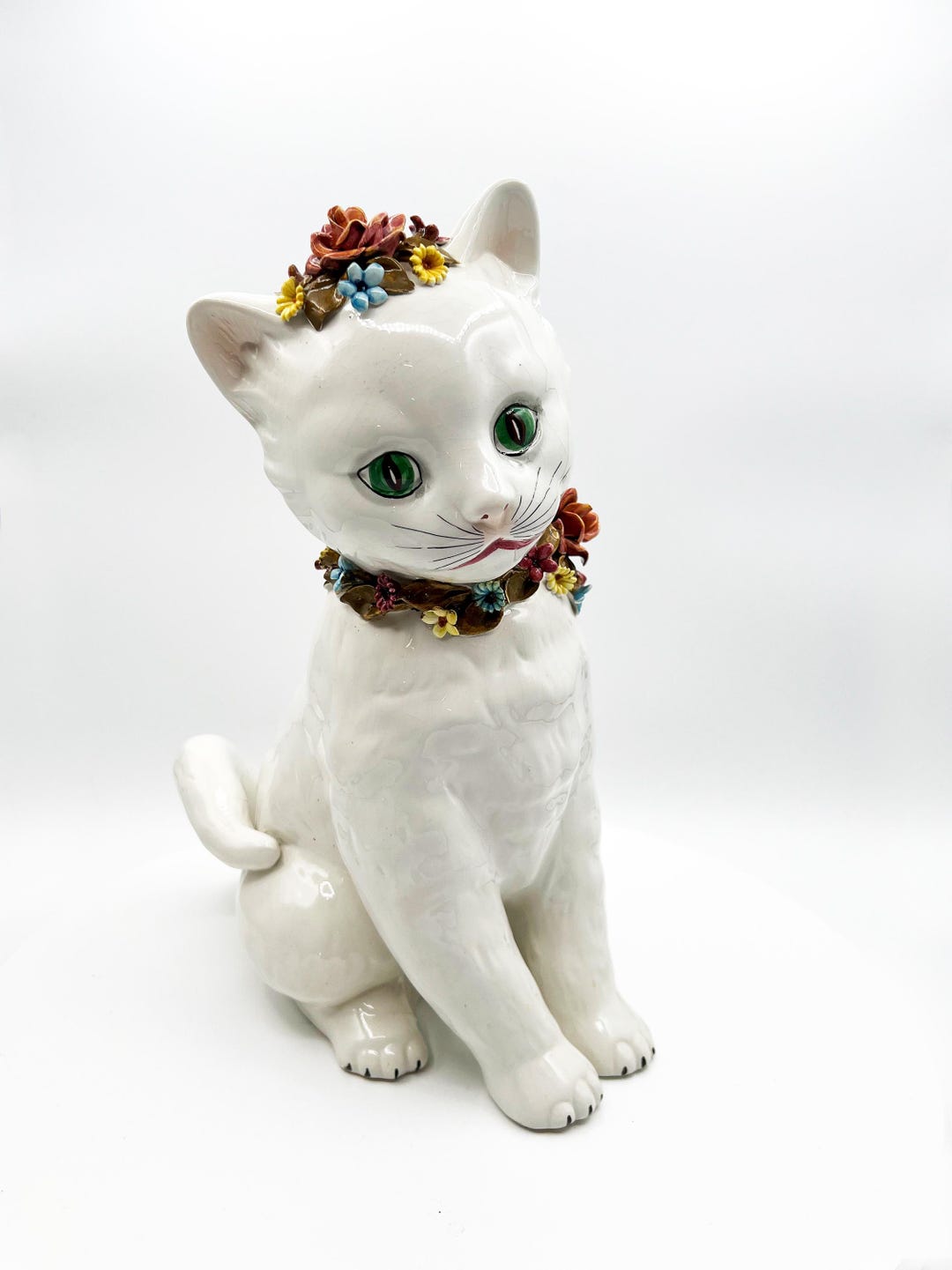 Vintage 50s Italian Ceramic Cat Figurine With Floral Collar - Etsy