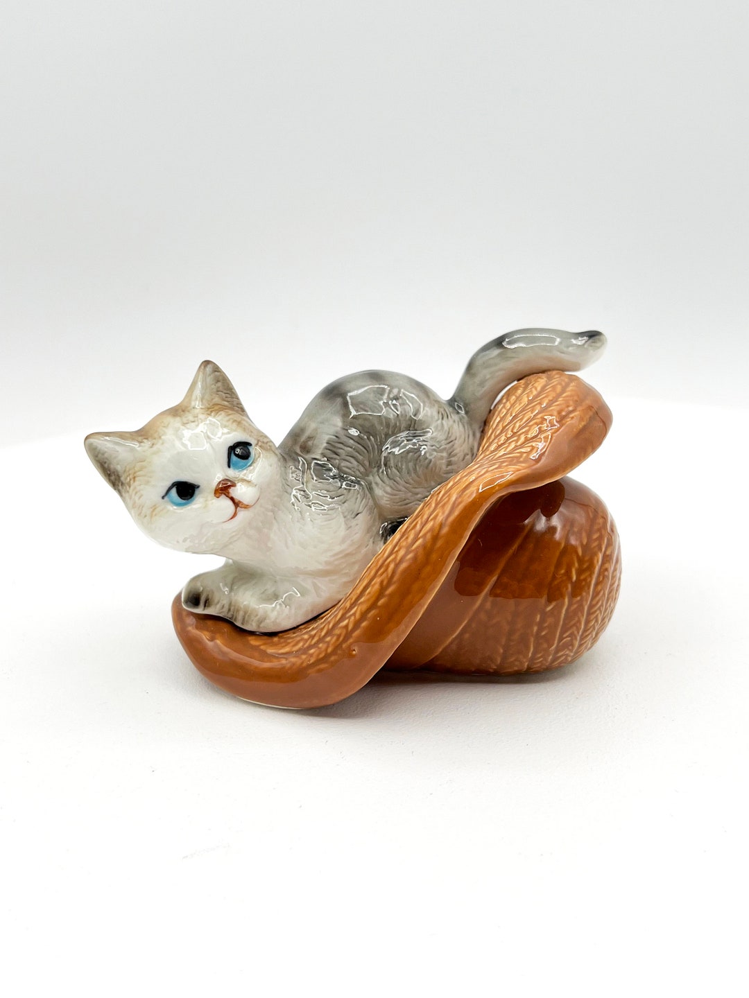 Vintage Cat in A Hat Figurine Bone China Gray Tabby Cat Figurine Cat in ...