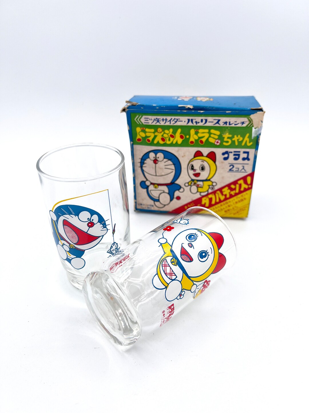 1980s Vintage Doraemon and Doraemi Glass Mitsuya Cider Japan Nobita set ...