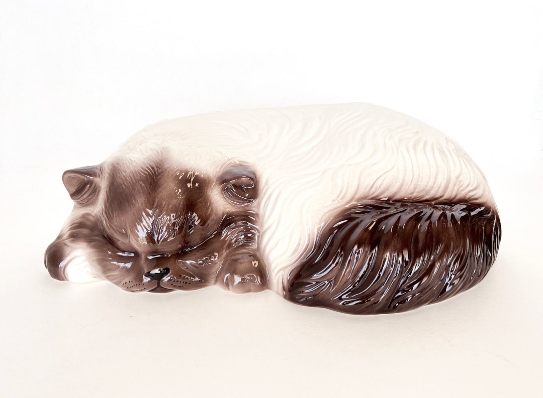 Vintage 70s Large Rare White Brown Siamese Persian Sleeping Cat Ceramic ...