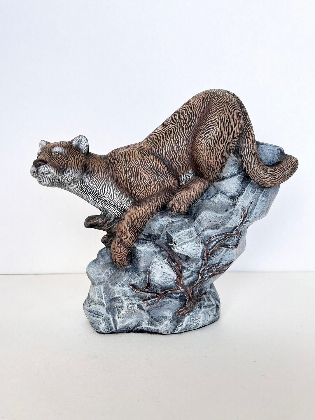 Vintage Hand-painted Ceramic Mountain Lion Statue | Puma Cougar on Rock ...