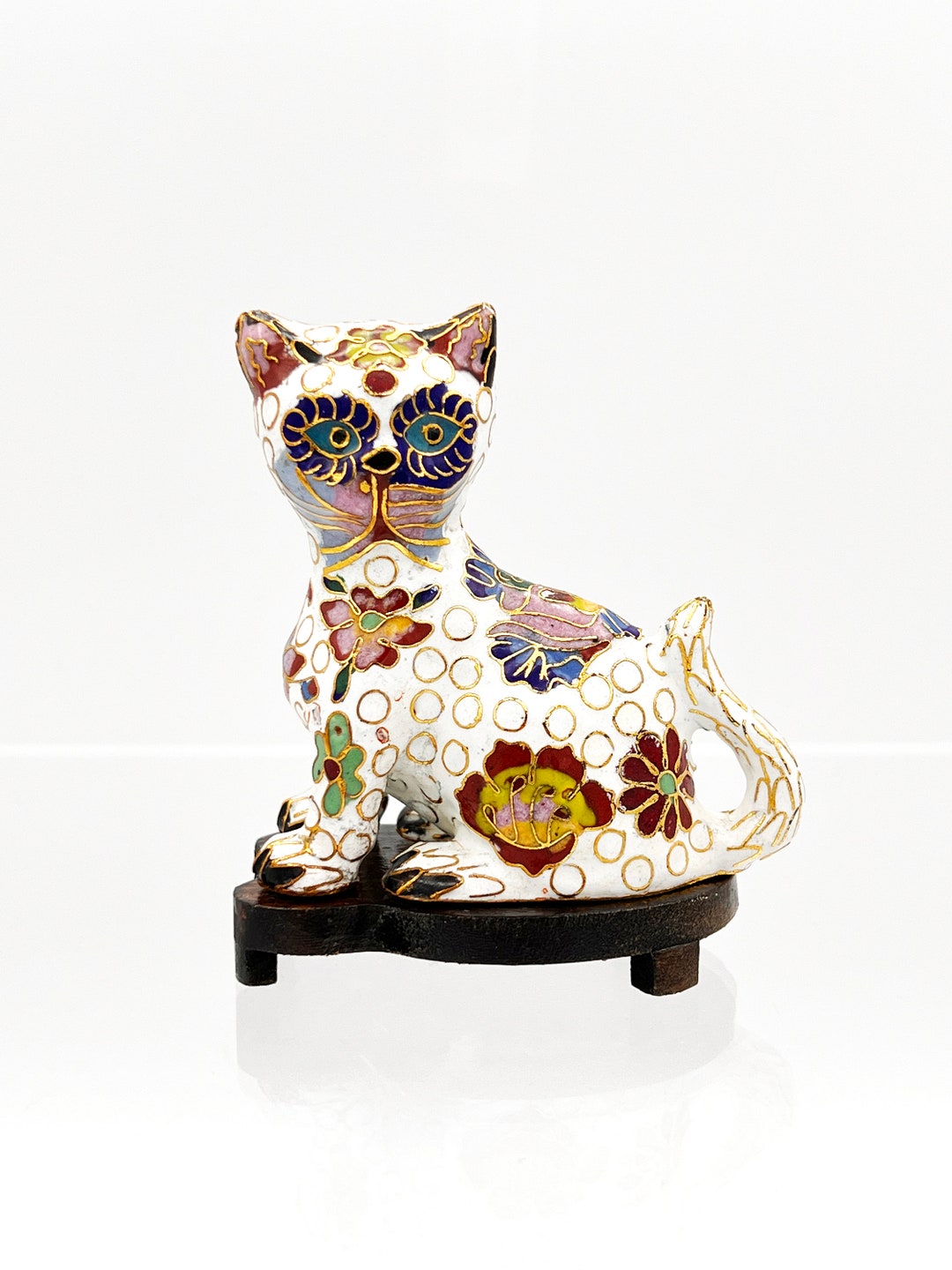 Vintage Chinese Cloisonne Copper Enamel Animal White Cat Kitten Statue ...