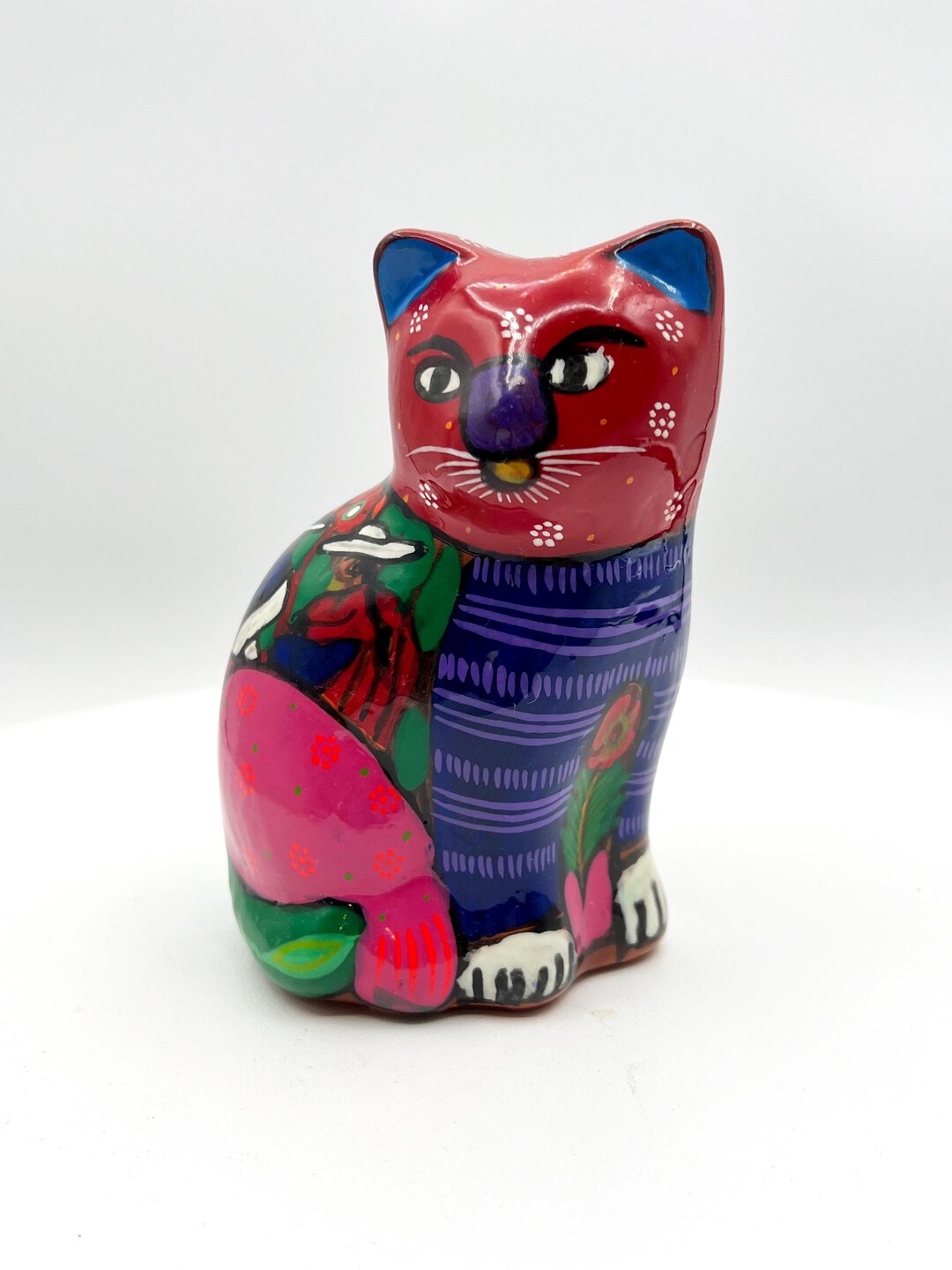 Colorful Talavera Cat Figurine Mexico Folk Art Red Clay Pottery Cat ...