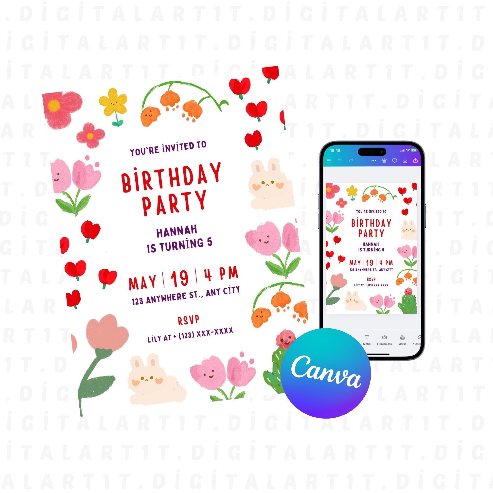 Flowers Birthday Party Invitation, Editable Invitation Template, Party ...