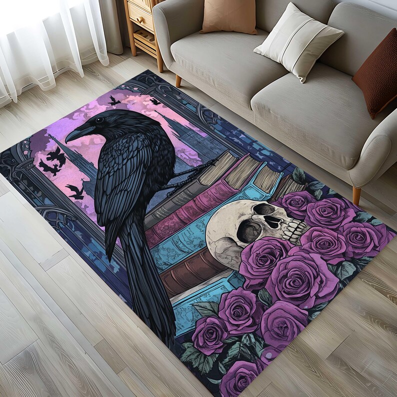 Gothic Raven Rug Gothic Home Decor Goth Crow Rug With Ankh and Skull ...