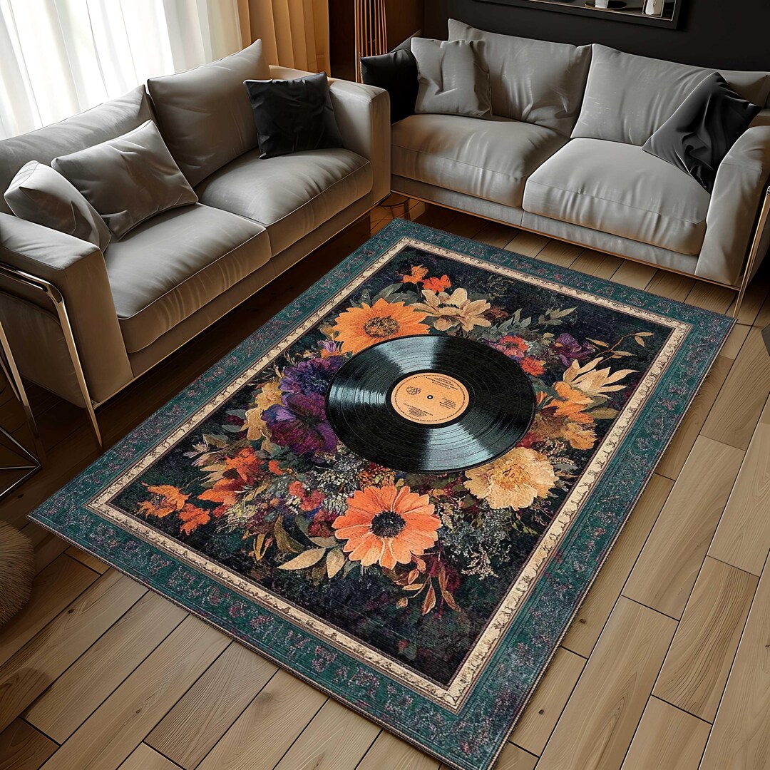 Record Disc Rug, Botanical Rug for Farmhouse Deco, Record Disc Decor ...