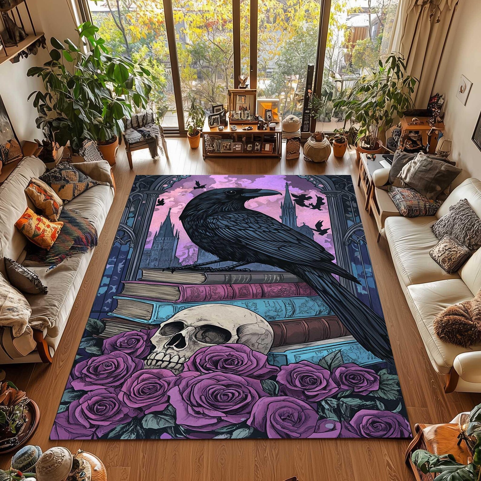 Gothic Raven Rug Gothic Home Decor Goth Crow Rug With Ankh and Skull ...