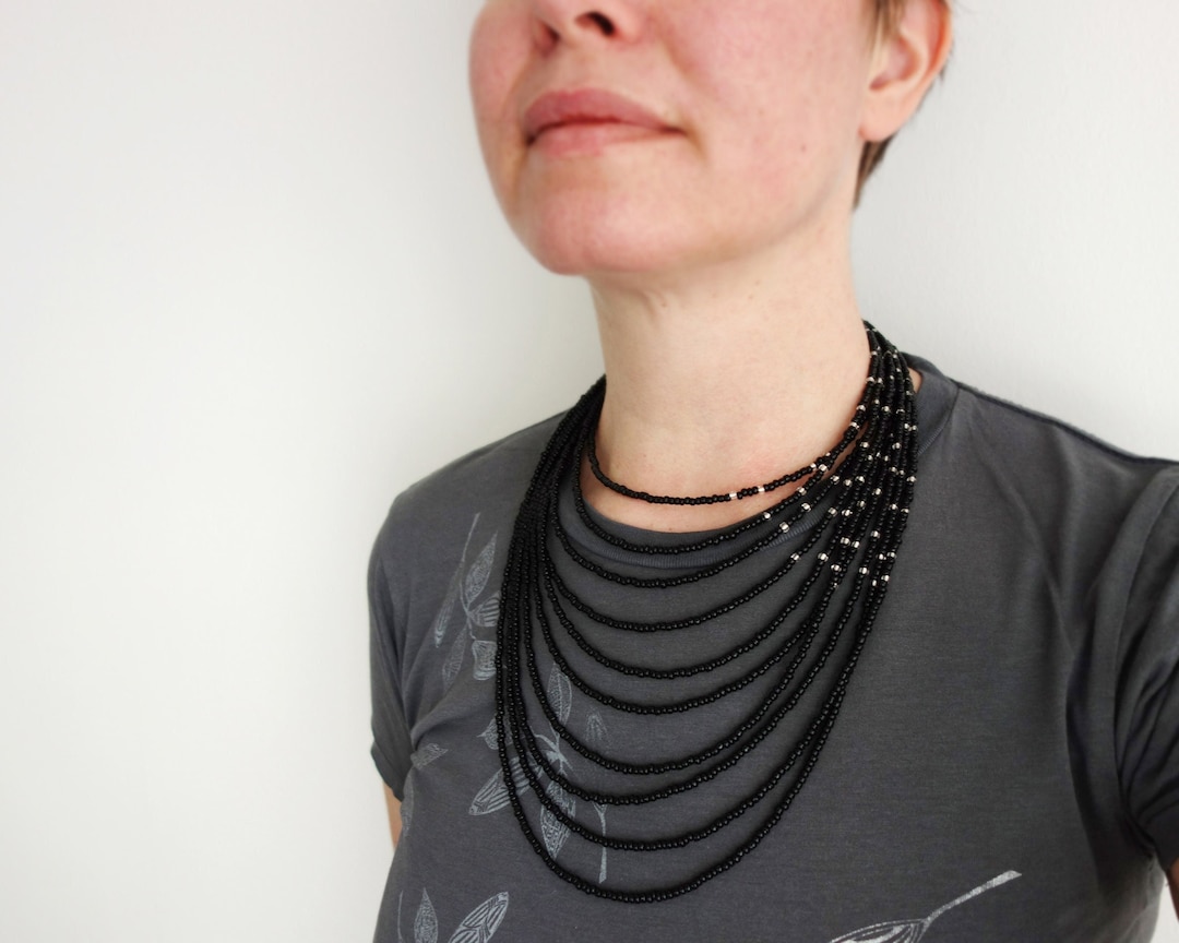 Multi Strand Statement Necklace Layered Black Seed Beads Large Bib ...