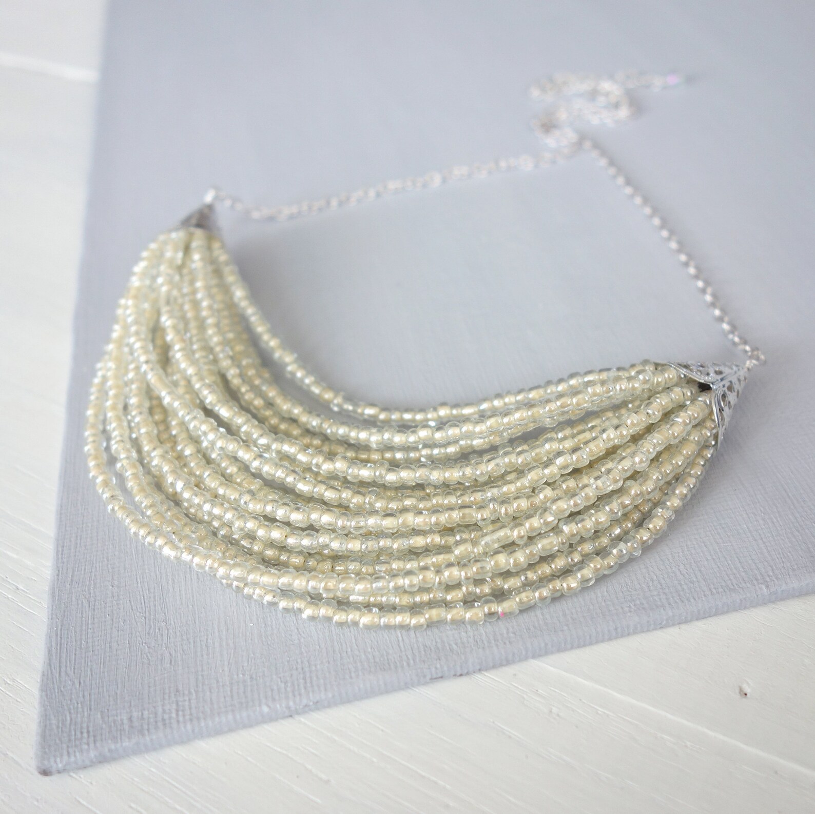 Statement Bib Necklace Layered Ivory White Seed Beads Necklace - Etsy