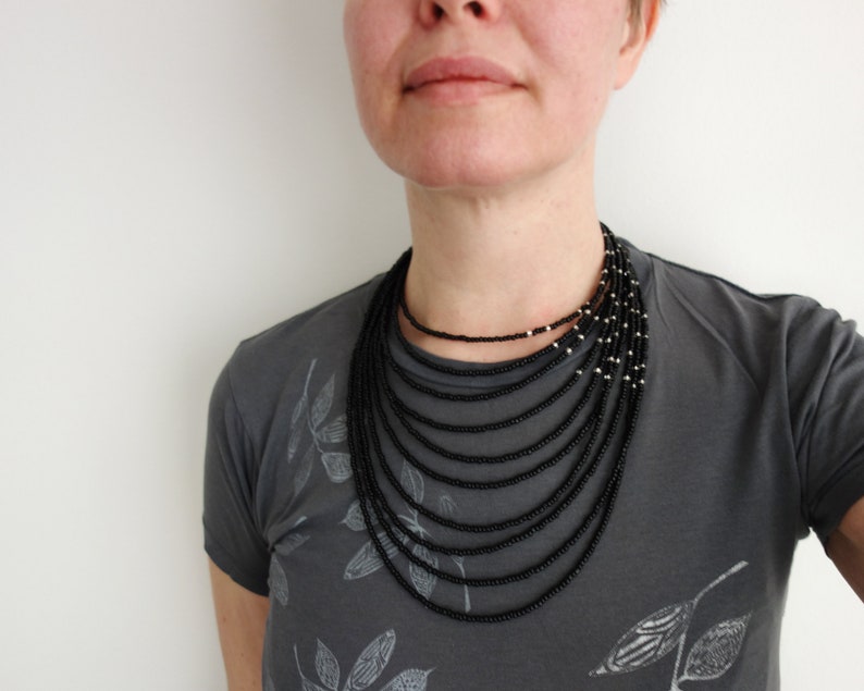 Multi Stranded Statement Necklace Layered Black Seed Beads Large Bib