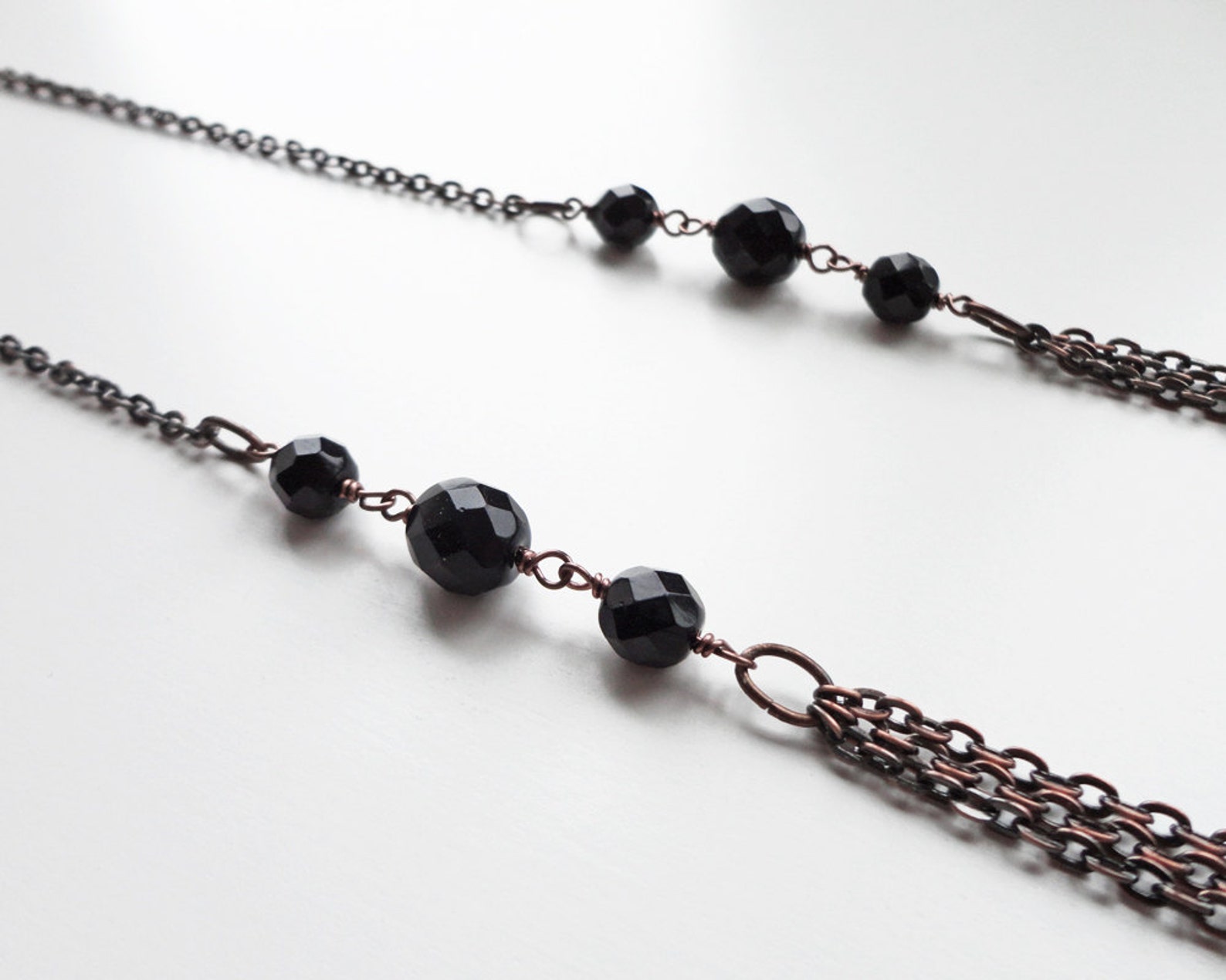 Long Chain Necklace Layered Brown Copper Chains Black Glass Beads Multi ...