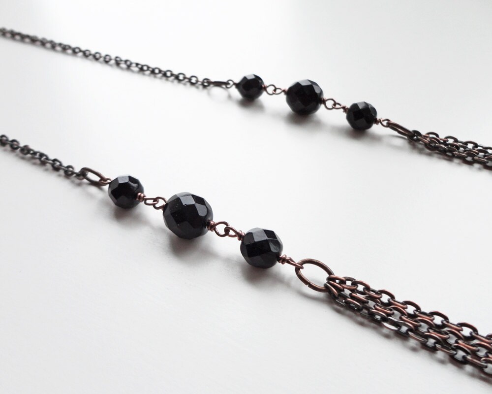 Long Chain Necklace Layered Brown Copper Chains Black Glass Beads Multi ...