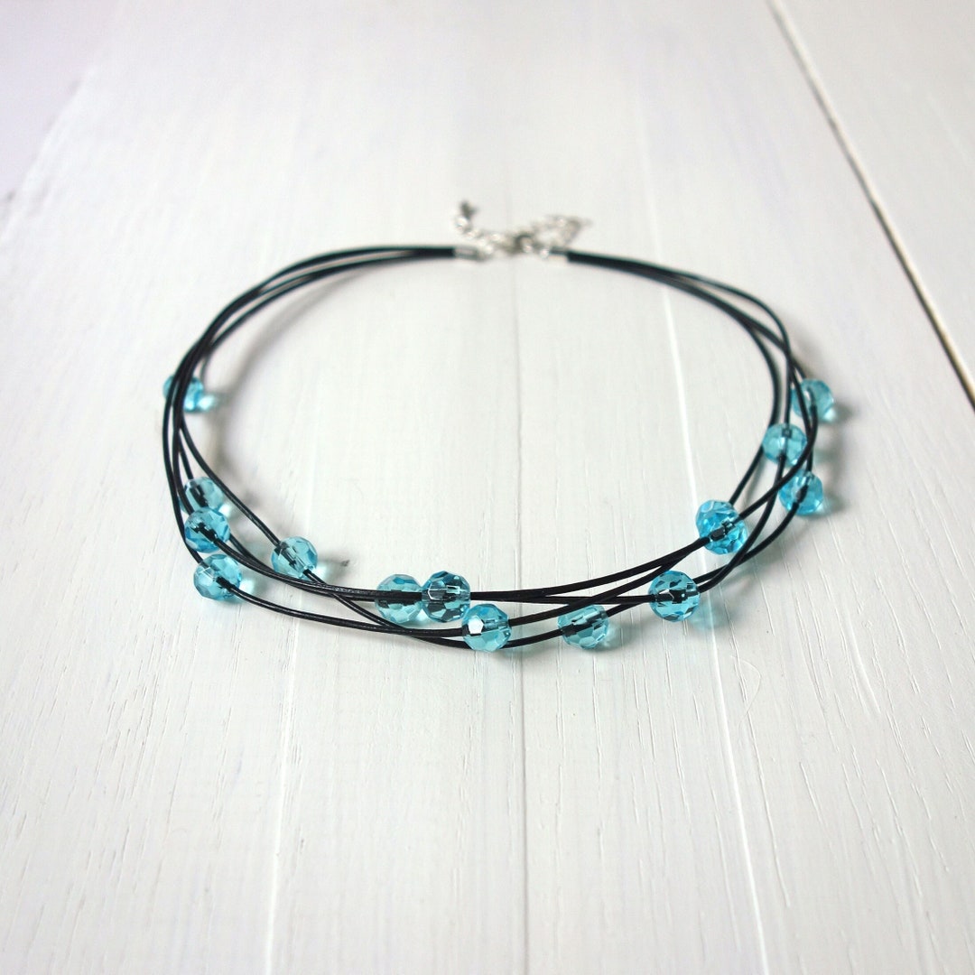 Statement Choker Necklace Layered Black Leather Cords Turquoise Glass ...