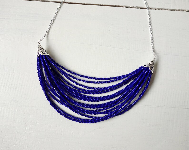 Blue Bib Necklace Layered Seed Beads Statement Necklace Multi Stranded