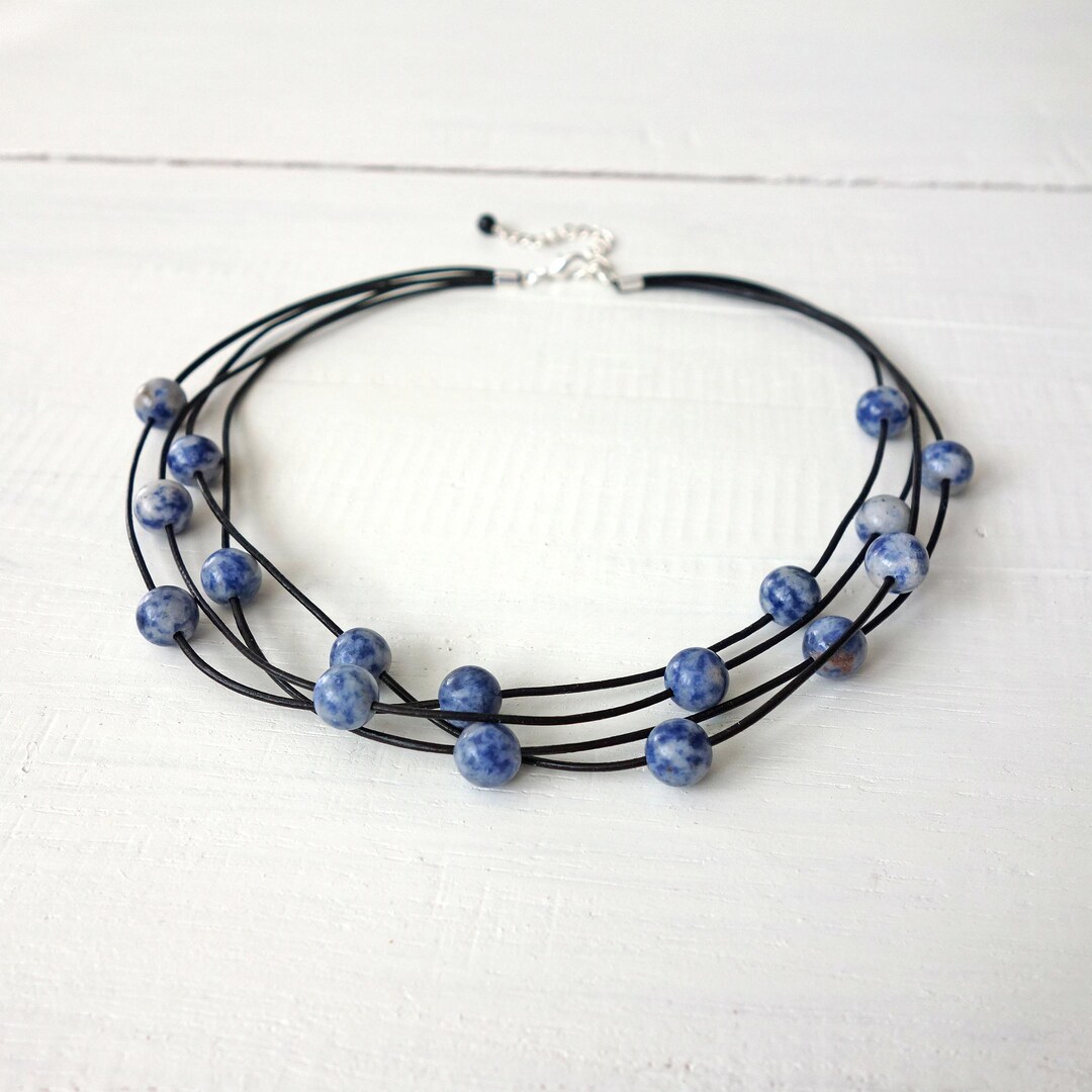 Layered Statement Choker Blue White Stones Black Leather Cords Rocker ...