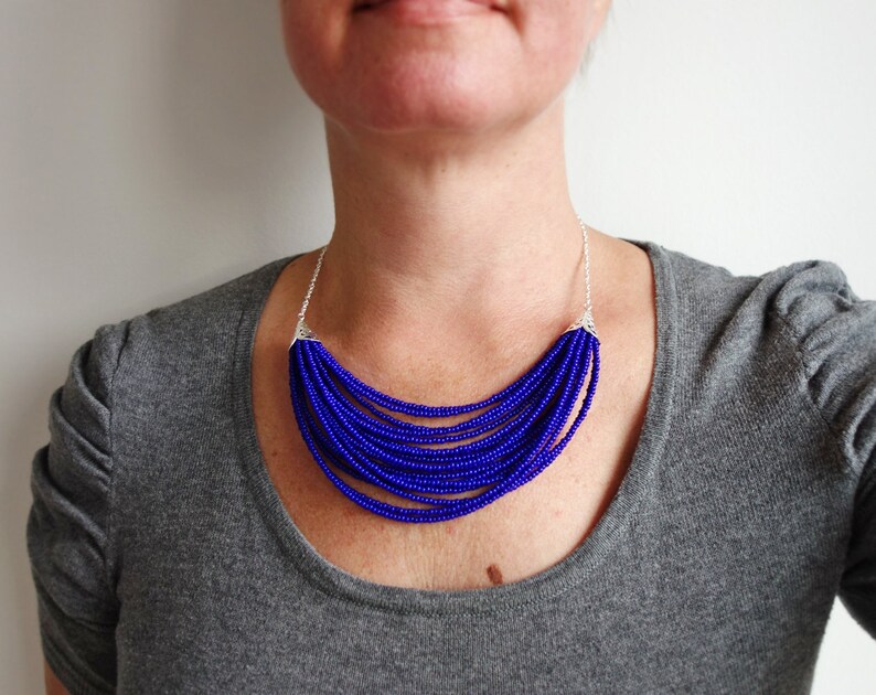 Blue Bib Necklace Layered Seed Beads Statement Necklace Multi Stranded
