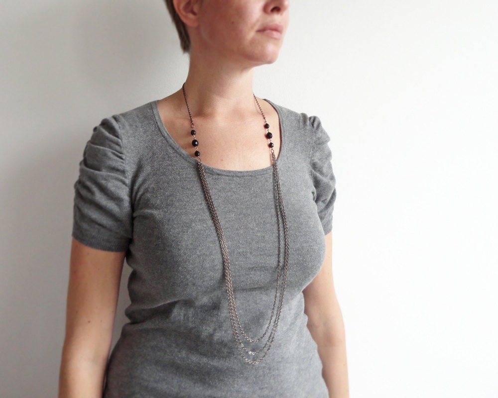 Long Chain Necklace Layered Brown Copper Chains Black Glass Beads Multi ...
