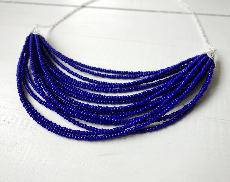 Blue Bib Necklace Layered Seed Beads Statement Necklace Multi Stranded