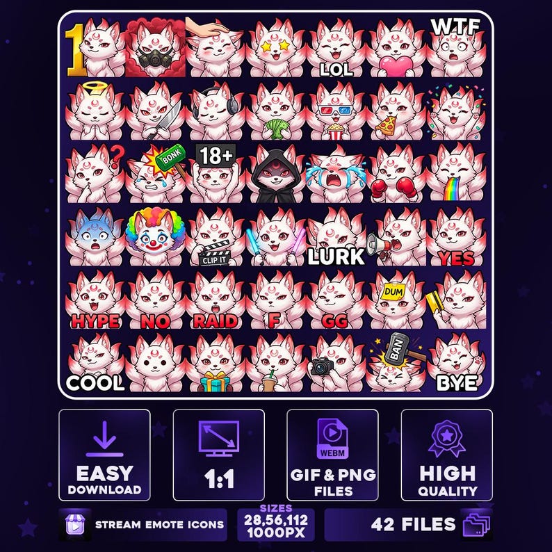 42 + 6 Animated Kitsune Emote Pack PNG & GIF for Streamers, Twitch ...