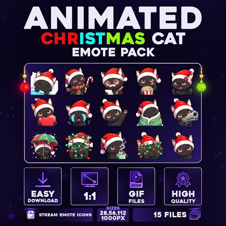 15x Animated + Static Santa Black Cat Emotes Bundle for Twitch Discord ...