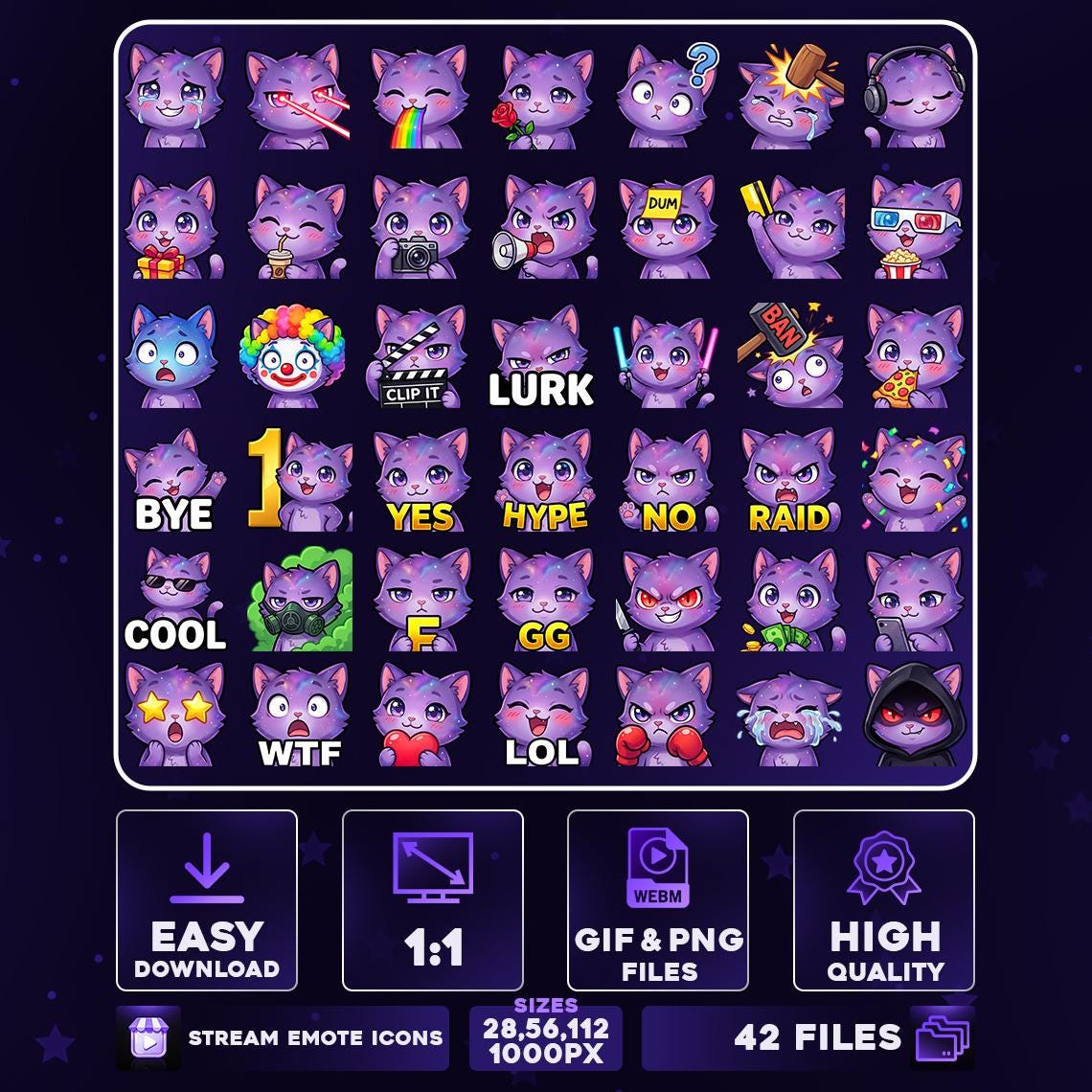 Paquete de 42 + 6 gestos animados de gato galáctico PNG y GIF para ...