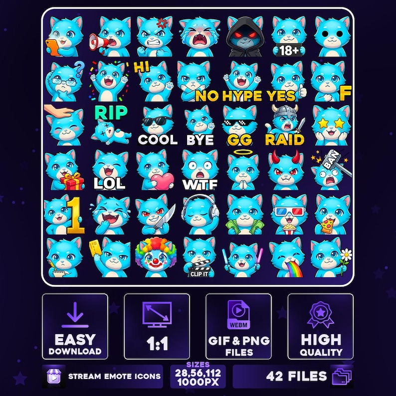 42 + 6 Animated Blue Cat Emotes Pack PNG & GIF for Streamers, Twitch ...