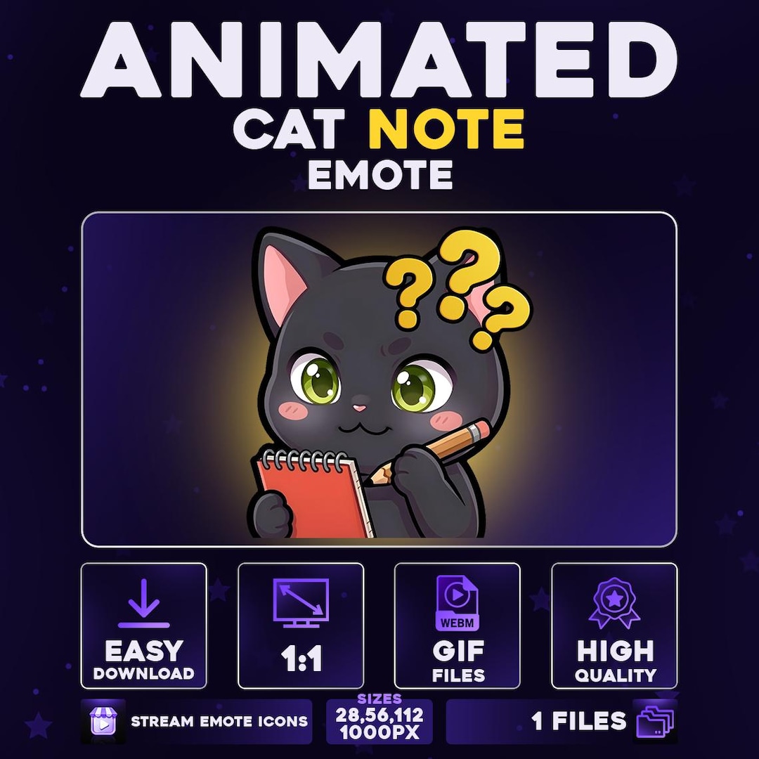 Animated Black Cat Note Emote – Cute Writing Cat for Twitch Discord ...