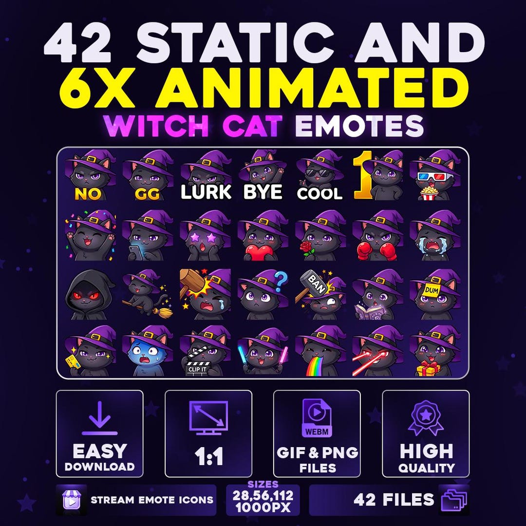 42 + 6 Animated Witch CAT Emote Pack PNG & GIF for Streamers, Twitch ...