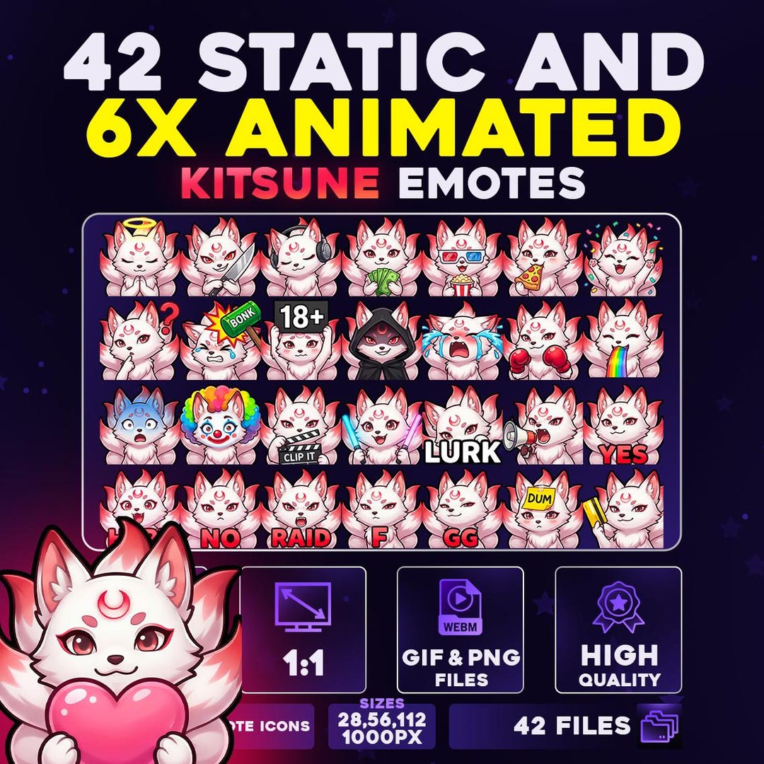 42 + 6 Animated Kitsune Emote Pack PNG & GIF for Streamers, Twitch ...