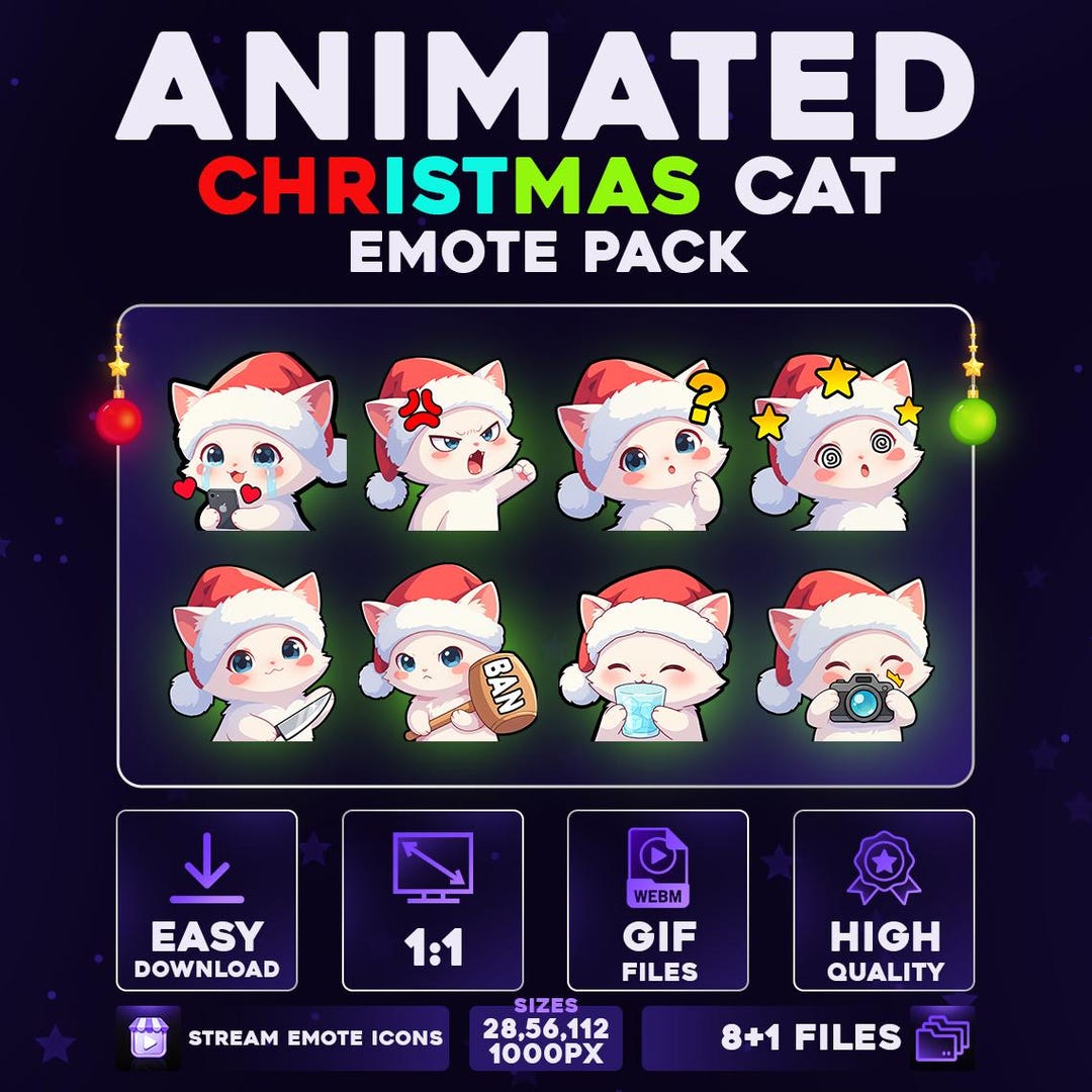 8x Animated + Static Santa White Cat Emote Bundle for Twitch Discord ...