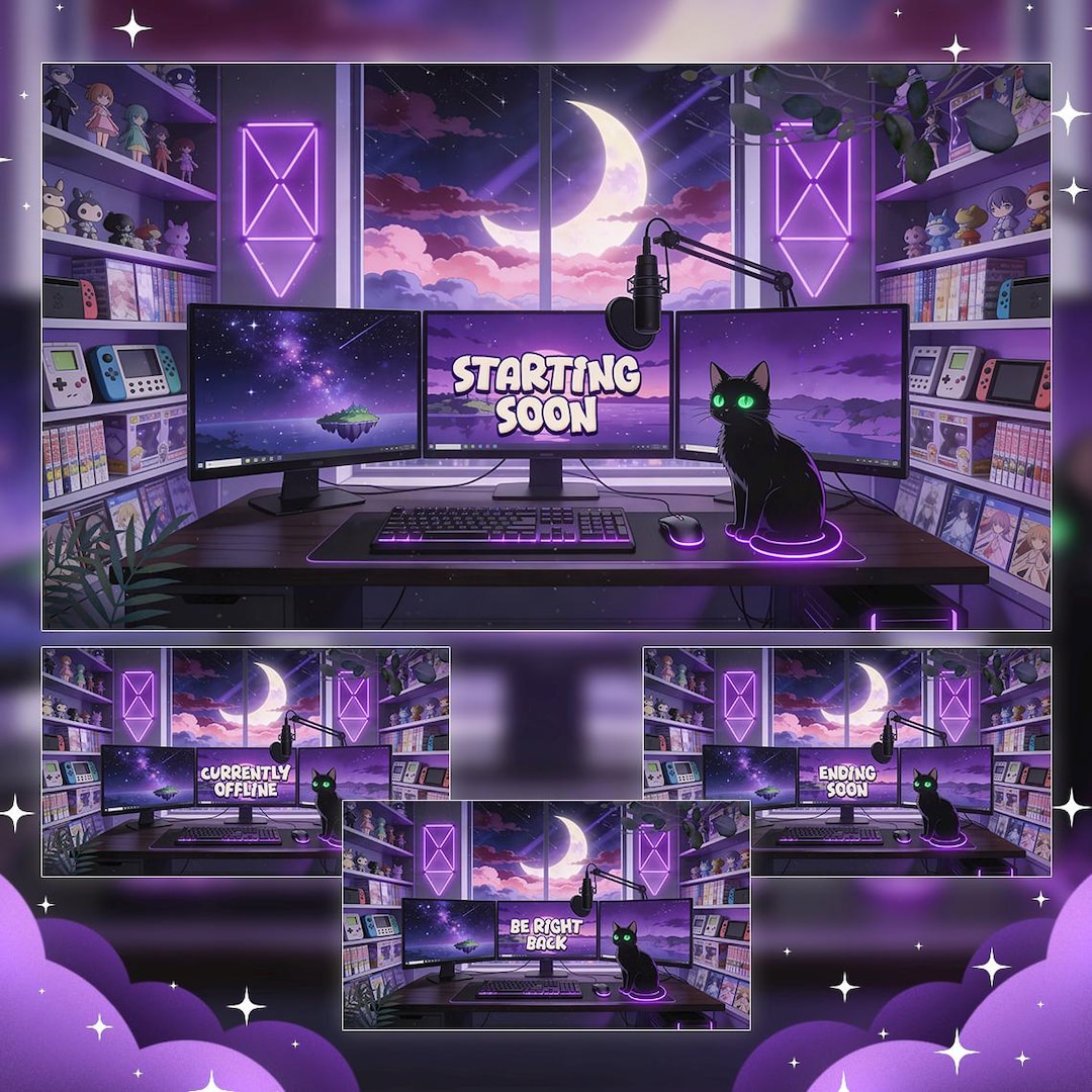 Animated Cozy Anime Gamer Room Twitch Screens, Purple Neon Midnight ...