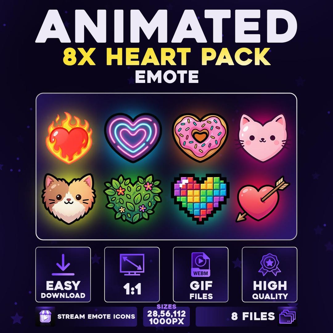 Animated 8x Heart Emote Pack – Cute Love & Hype Hearts for Twitch ...