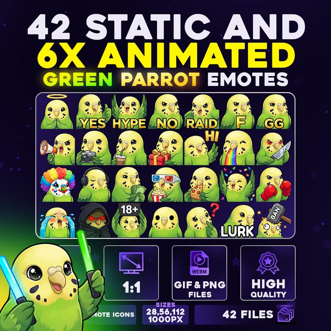 42 + 6 Animated Green Parrot Emote Pack PNG & GIF for Streamers, Twitch ...
