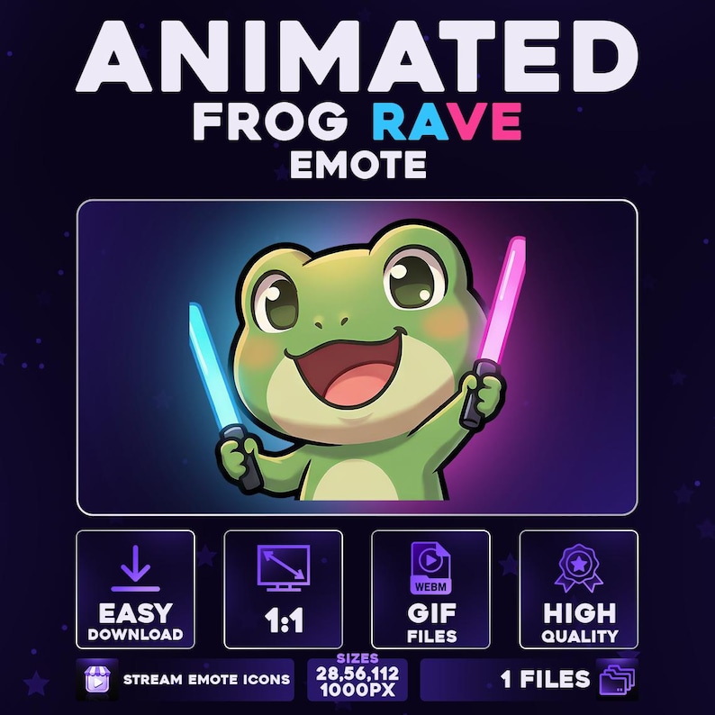 Animated FROG Rave Emote – Cute Glowstick Party Frog for Twitch Discord ...