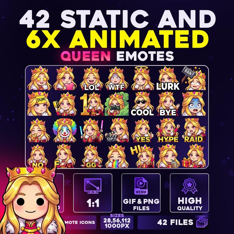 42 + 6 émoticônes animées Queen PNG et GIF pour streamers, Twitch ...