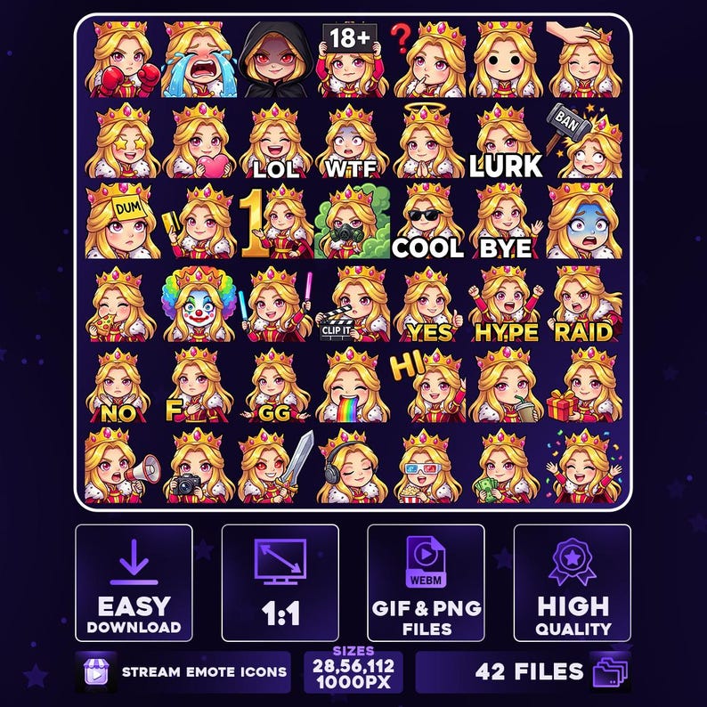 42 + 6 émoticônes animées Queen PNG et GIF pour streamers, Twitch ...