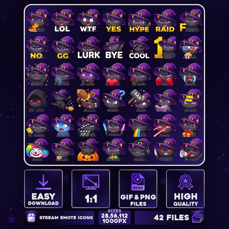 42 + 6 Animated Witch CAT Emote Pack PNG & GIF for Streamers, Twitch ...