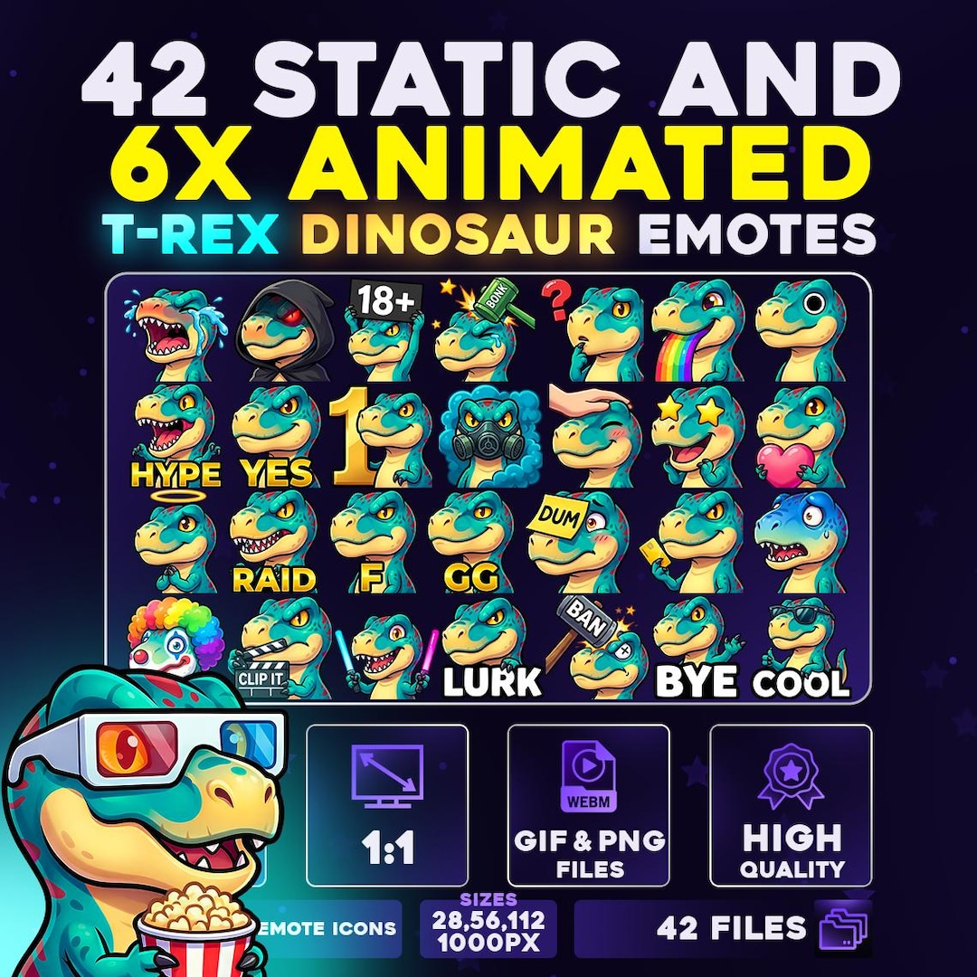42 + 6 Animated T-rex Dinosaur Emote Pack PNG & GIF for Streamers ...