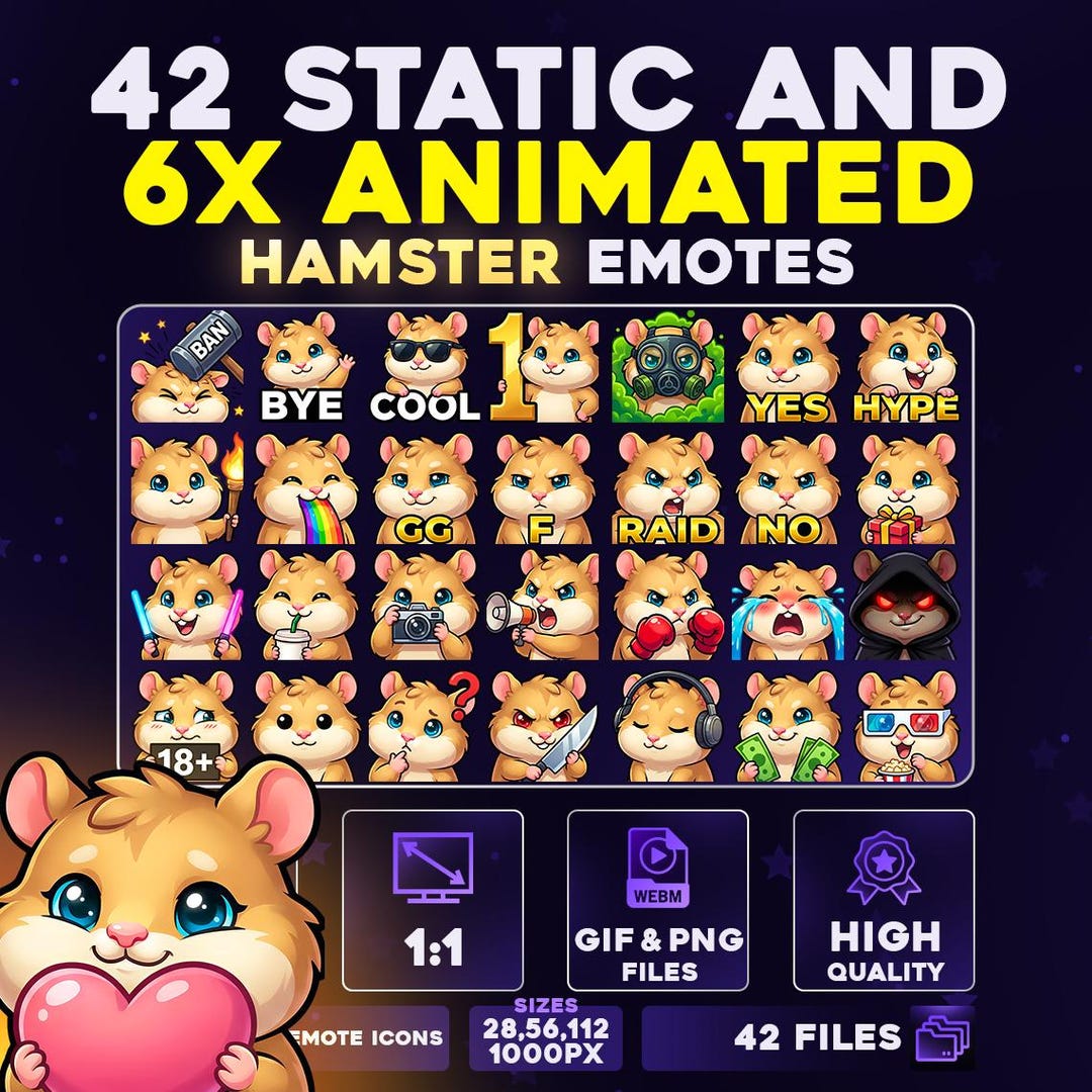 42 + 6 Emotes animés pour hamsters PNG et GIF pour streamers, Twitch ...