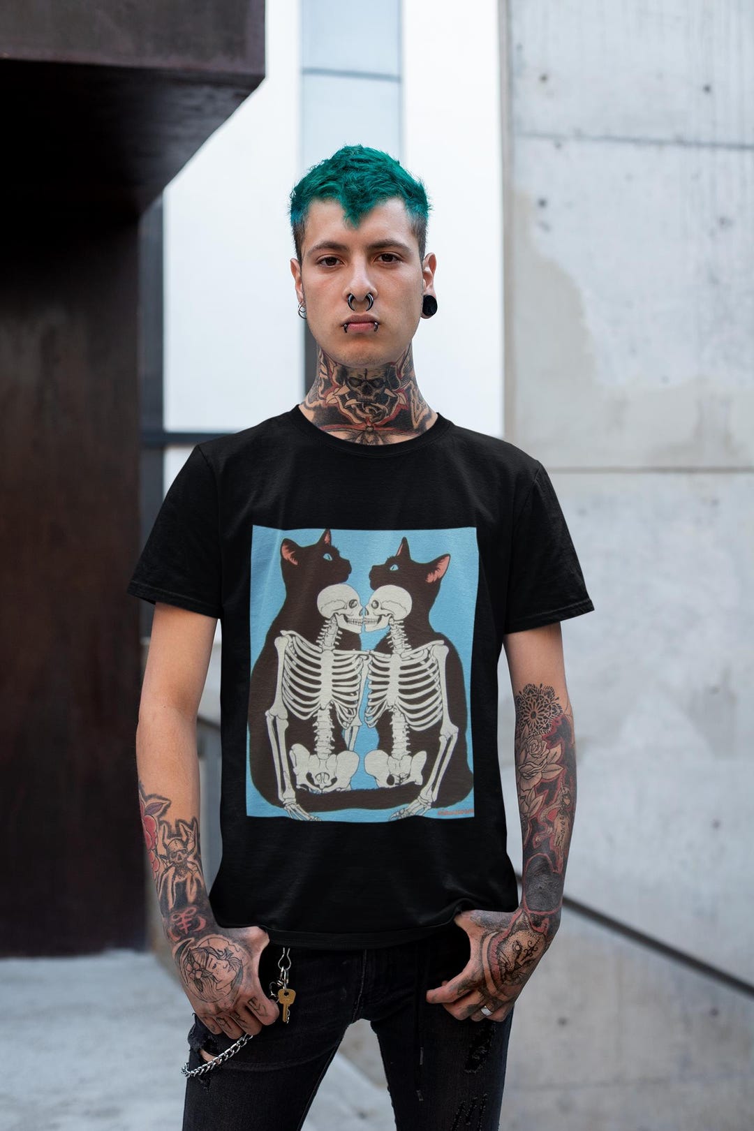 Gothic Cat Shirt Inseparable Black Cats Tee With Punk Rock Skeleton ...