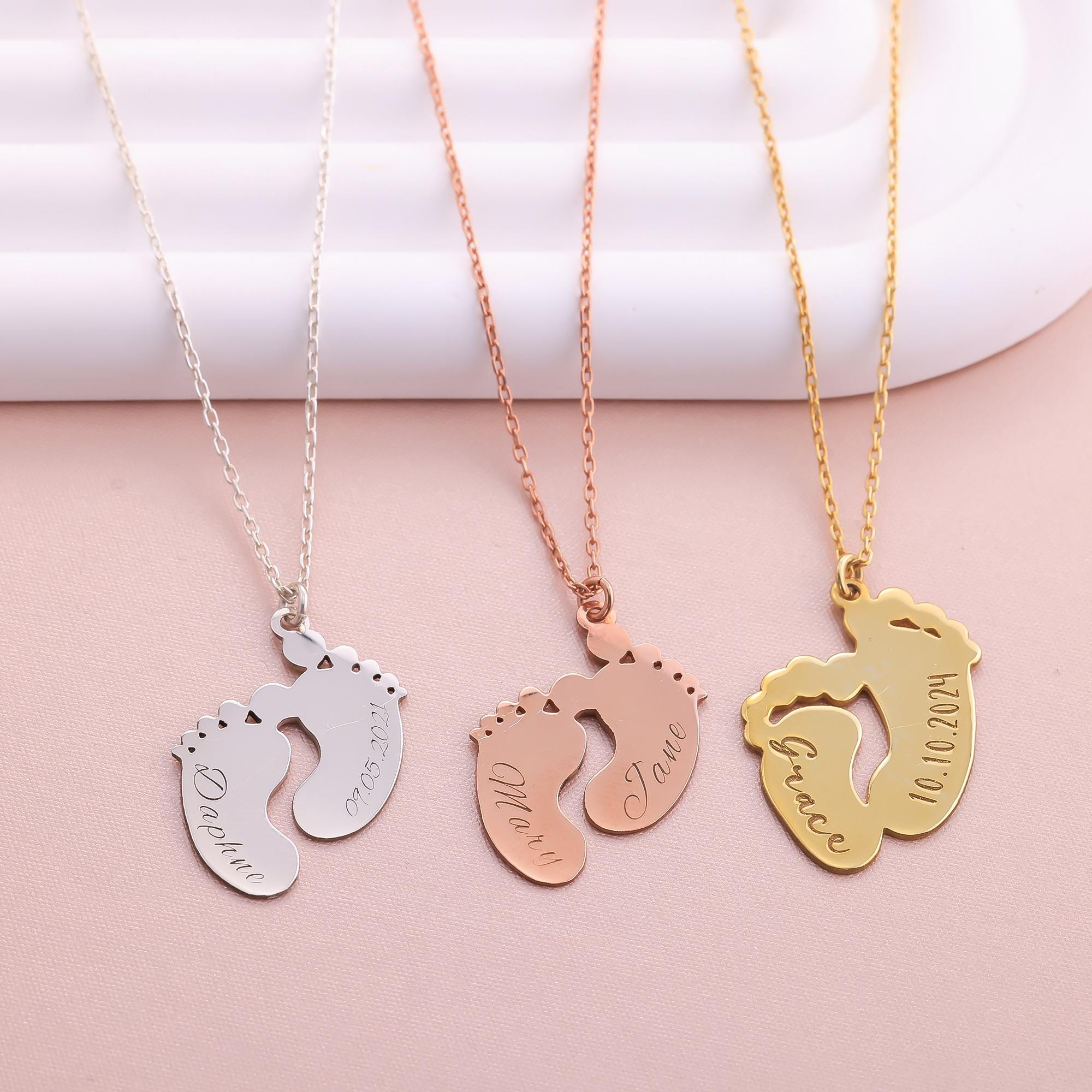 Personalized Baby Feet Necklace: Engraved Name & Birthdate, Sterling ...