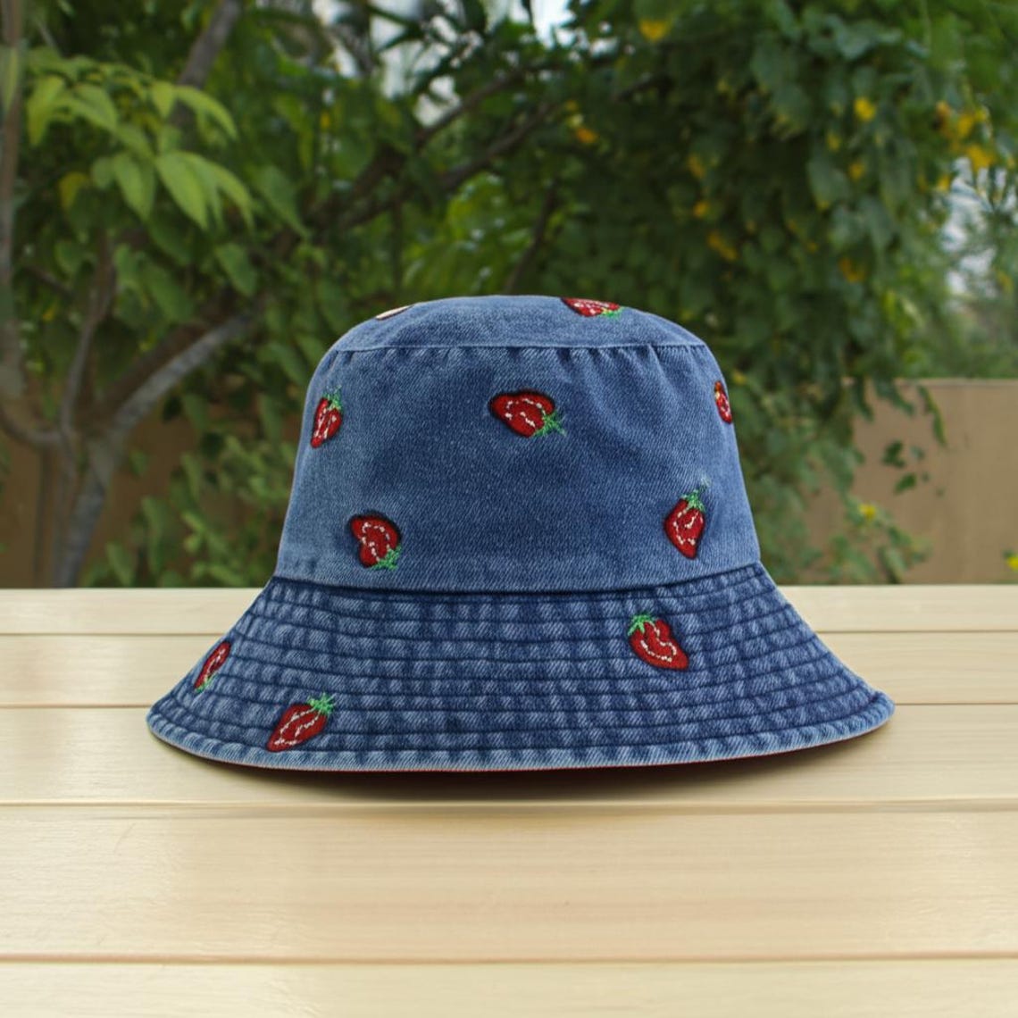 Strawberry Embroidered Denim Bucket Hat | Cute Summer Sun Hat for Women ...