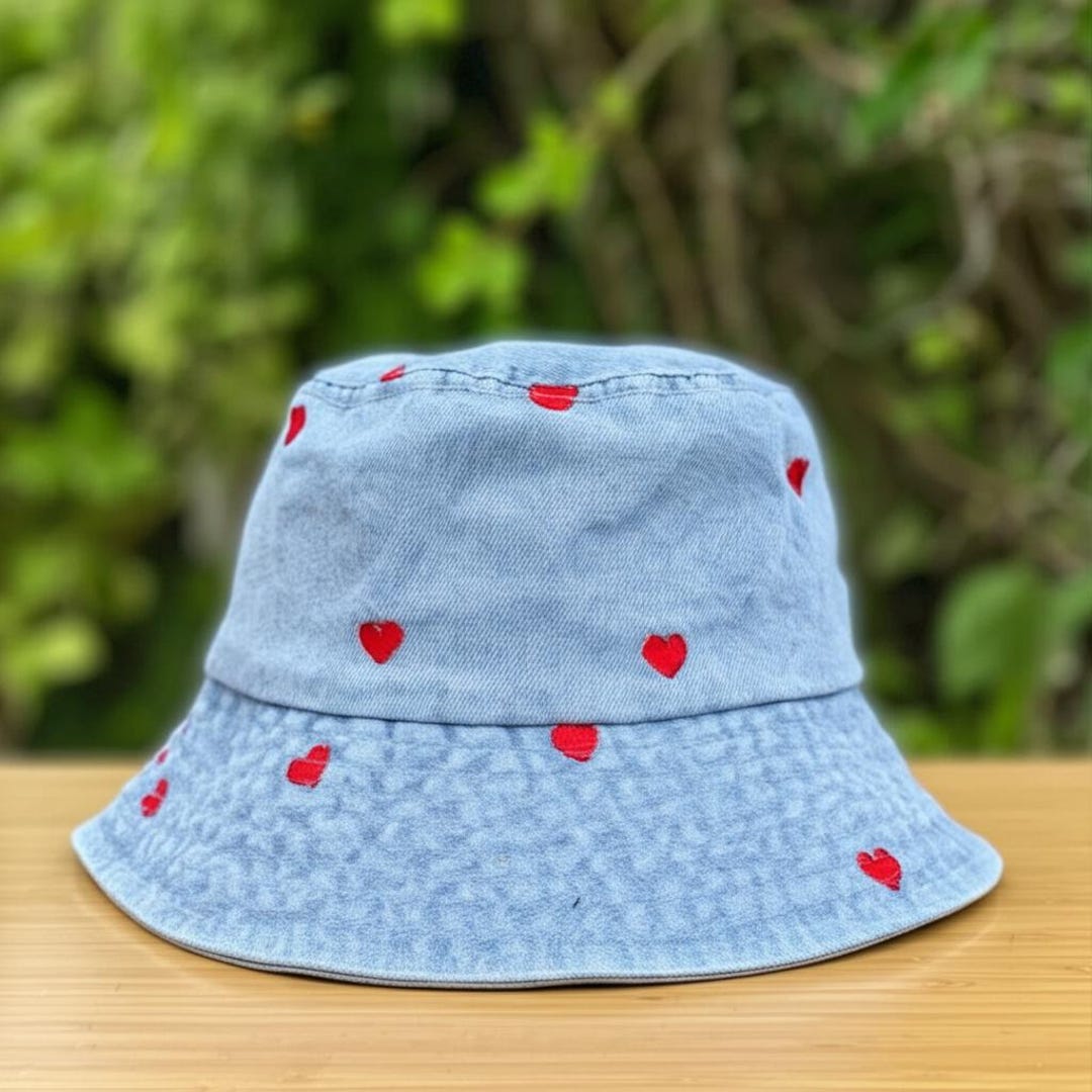 Cute Washed Denim Heart Bucket Hat | Embroidered Red Heart Summer Hat ...