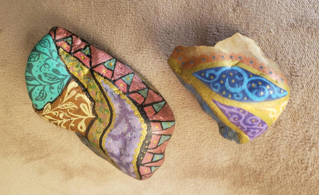 Fabulous Duo of Beautifully Hand Painted Abstract Art Rocks Large ...