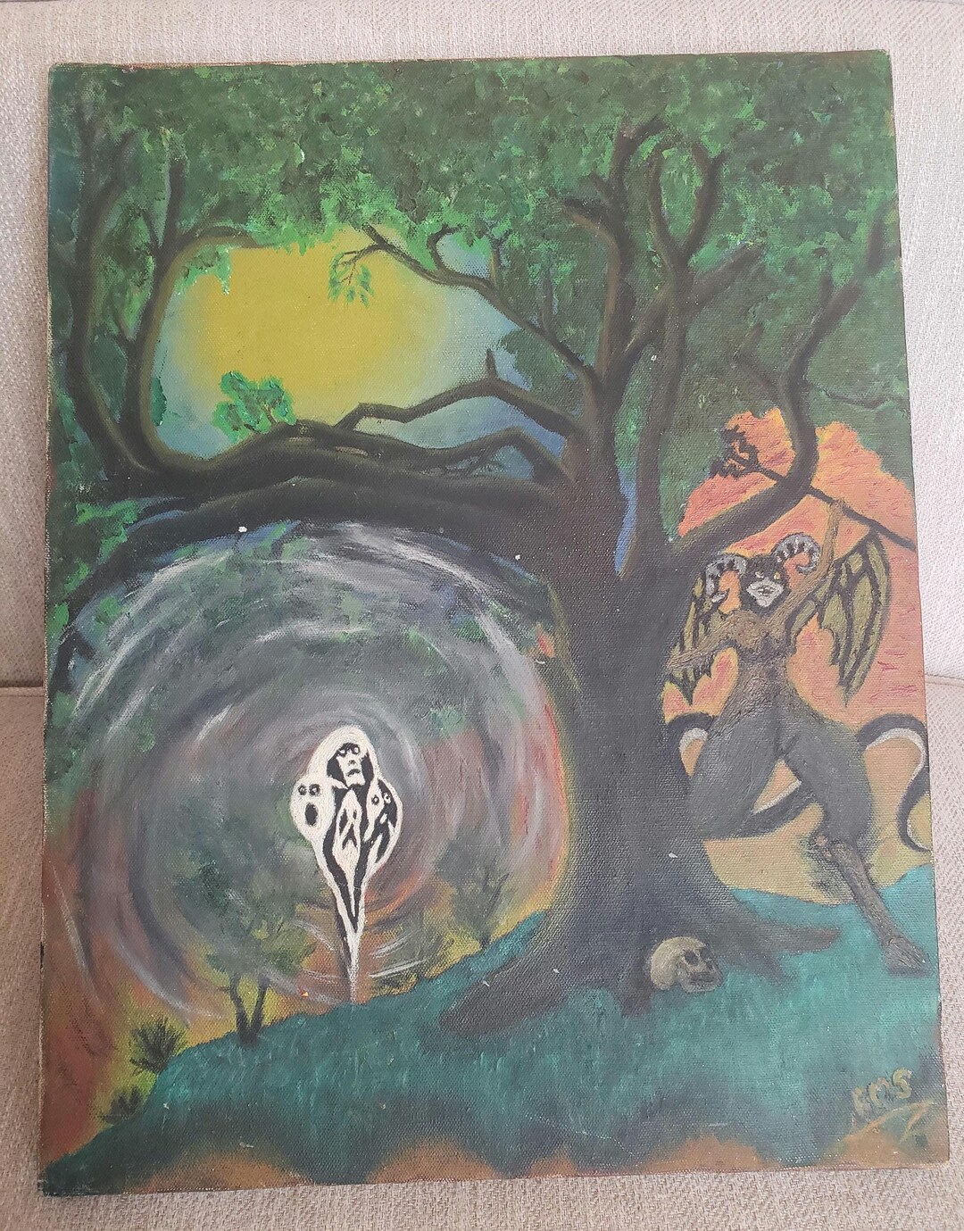 Artist Signed "gothic Forest" Dated 10-07- 1975 Skull, 3 Headed Ghost ...