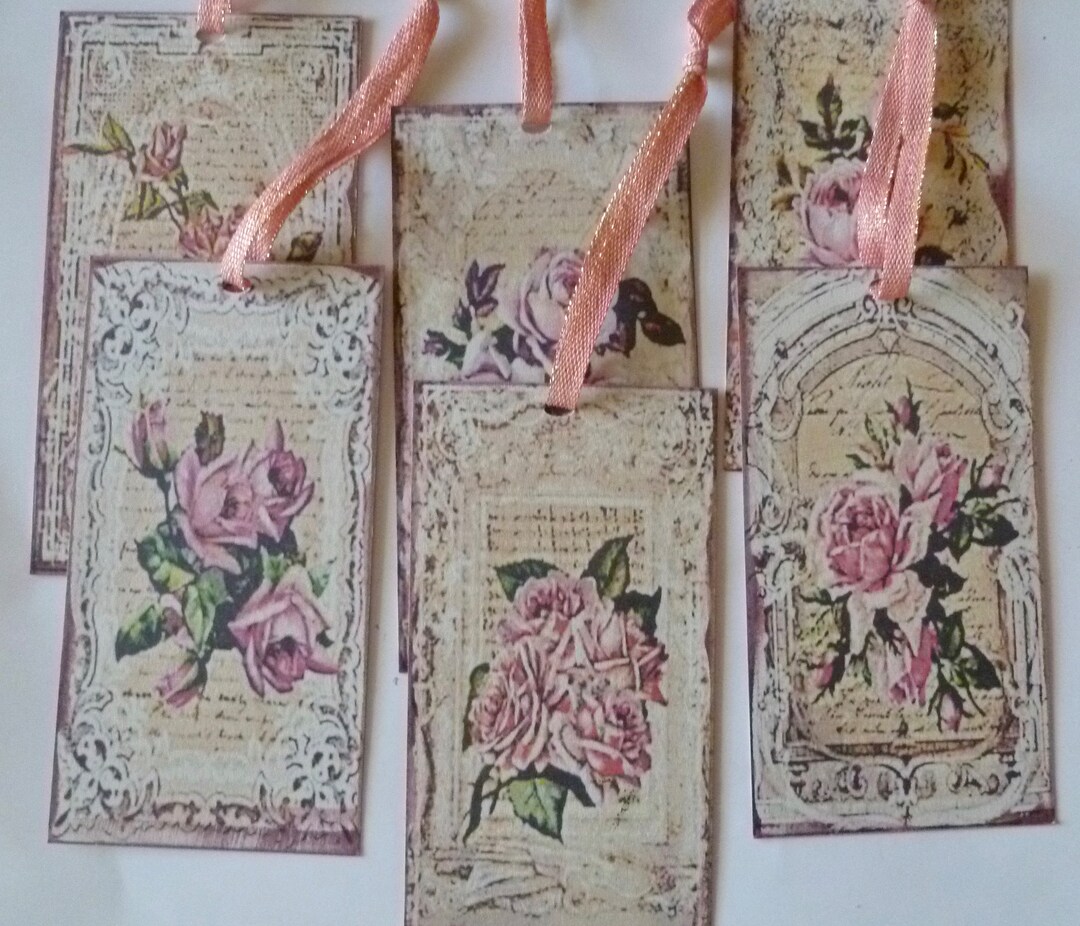 Set of 6 Handmade Tags With Roses. Vintage Country With Pretty Pink ...